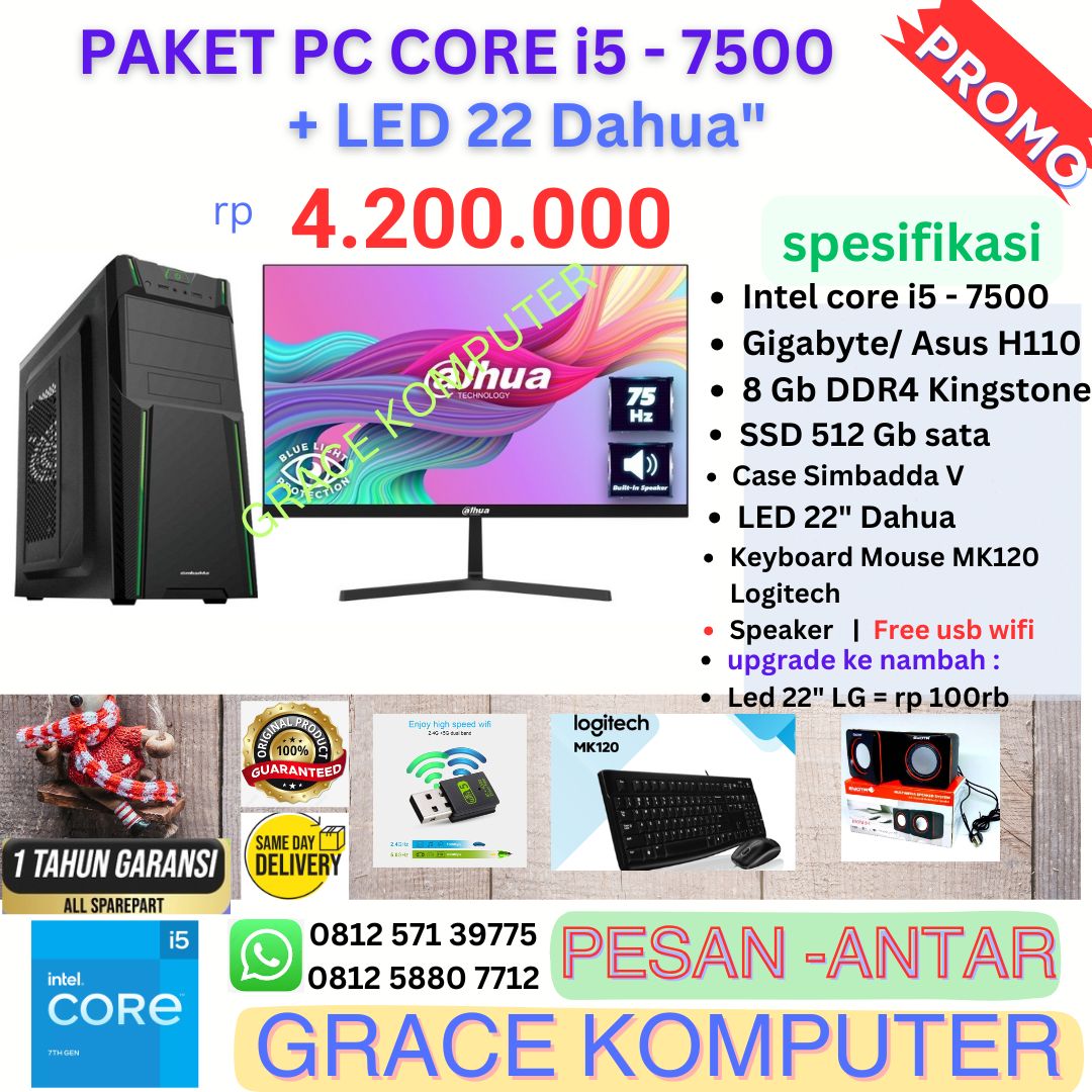 Paket PC core i5 – 7500 + LED 22″ Dahua – Grace Komputer Pontianak